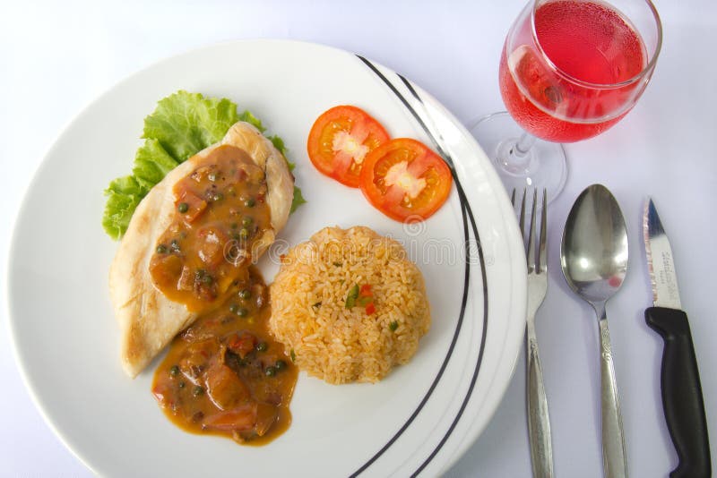 Chicken Steak With Fried Rice And Pink Wine Stock Image - Image of ...