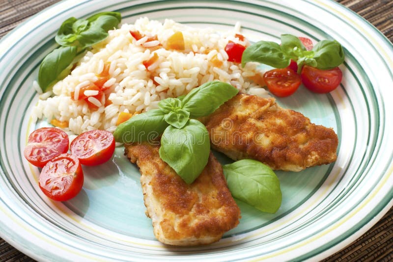 Chicken Steak with Rice and Vegetables Stock Photo - Image of dining ...