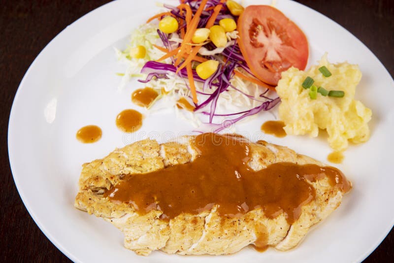 Chicken Steak Ready To Eating on White Dish Stock Photo - Image of ...