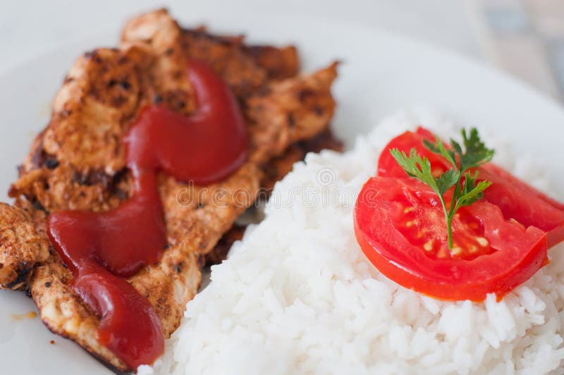 Chicken Steak with Rice and Tomato Slice Stock Image - Image of fried ...