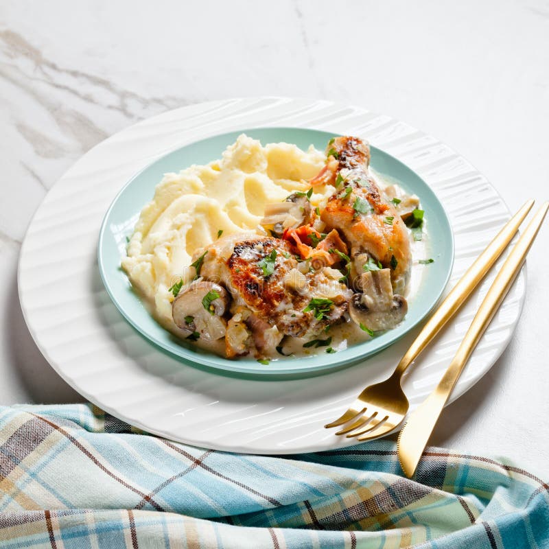 Chicken Stew with Potato Mash, Top View Stock Photo - Image of ...