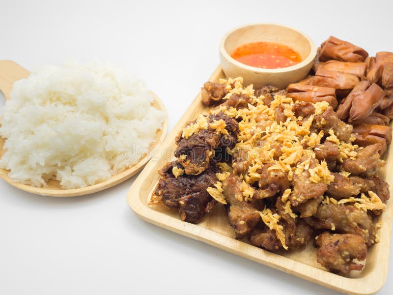 Chicken and sticky rice. stock photo. Image of fried - 86587018
