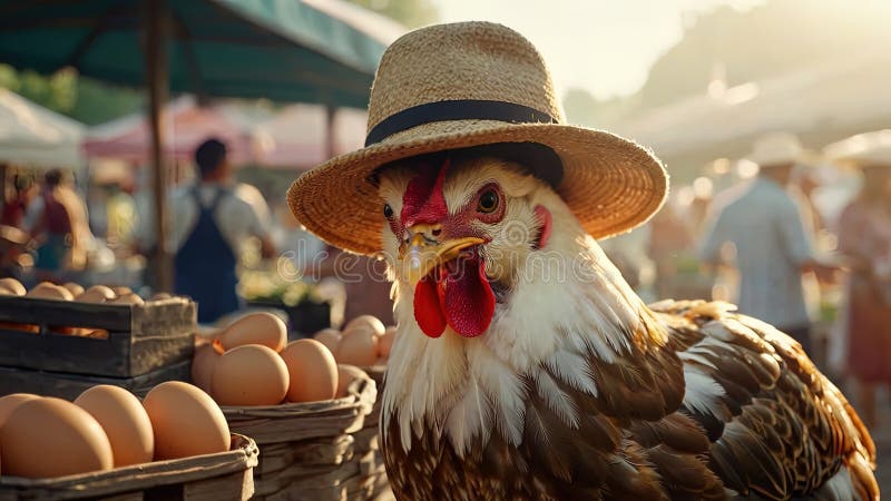 Chicken with Straw Hat Selling Fresh Eggs on Farmer S Market Stock ...
