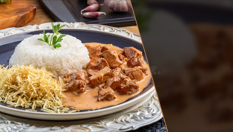Chicken Stroganoff with Rice and Chips. Space for Text Stock Photo ...