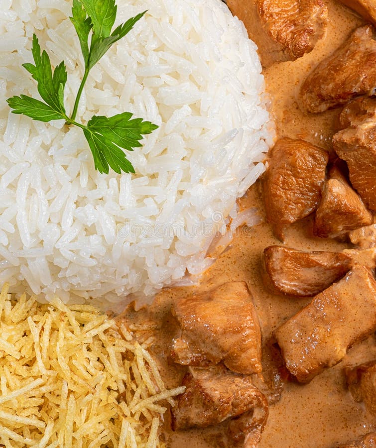 Chicken Stroganoff with Rice and Potato Straw Stock Photo - Image of ...