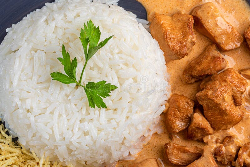 Chicken Stroganoff with Rice and Potato Straw Stock Image - Image of ...