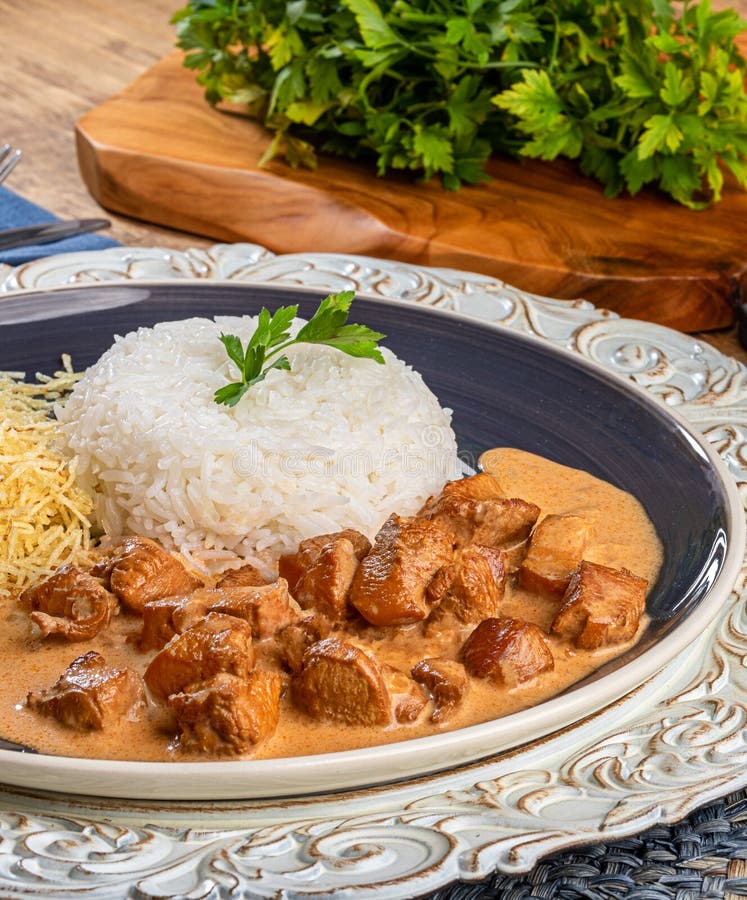 Chicken Stroganoff with Rice and Potato Straw Stock Image - Image of ...