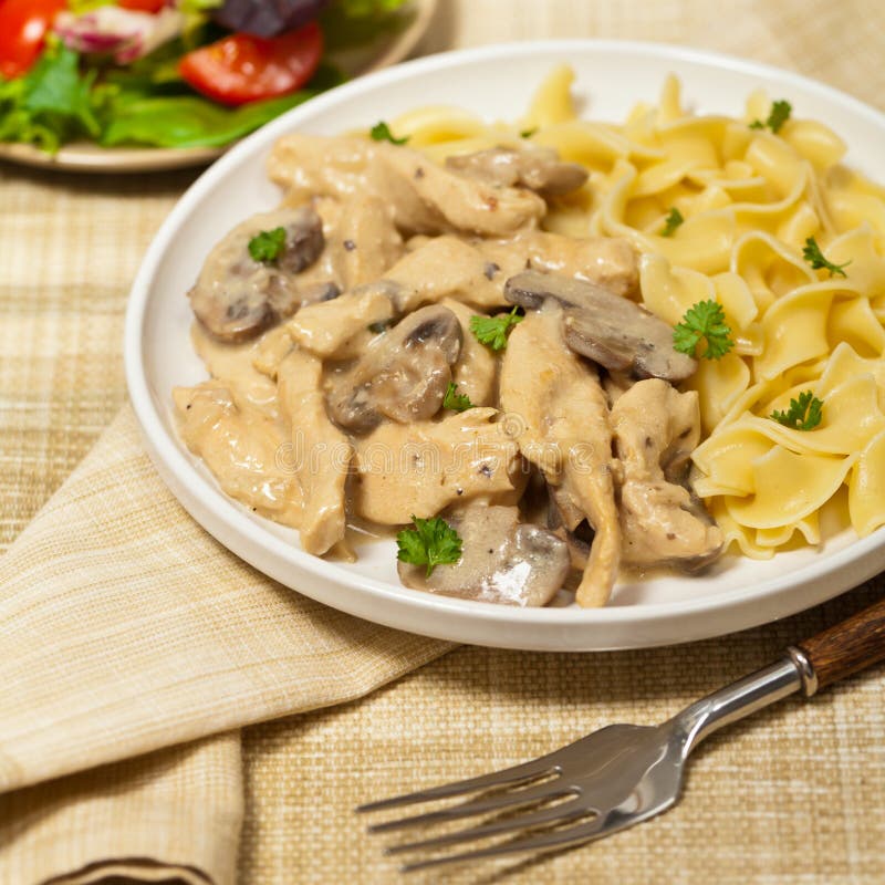 Chicken Stroganoff Accompanied with Rice, Salad and Potato Straw Stock ...