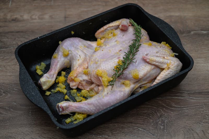 Chicken Tabaka Marinated before Cooking in the Kitchen 8 Stock Photo ...
