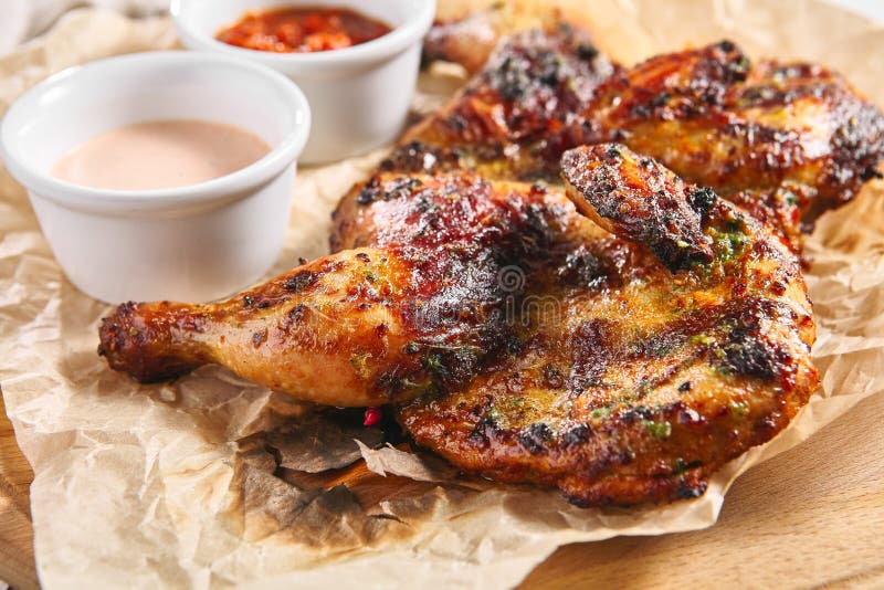 Chicken Tabaka Restaurant Food Dish. Rustic Style Fried Food on White ...