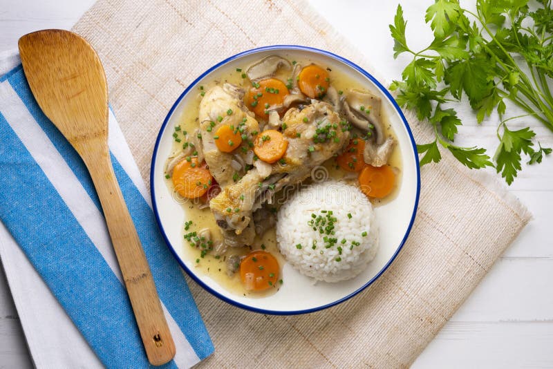 Chicken Thigh Stew with Vegetables and Rice.Top View Table with ...