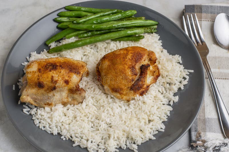 Chicken Thighs on Rice with Green Beans Stock Image - Image of meal ...