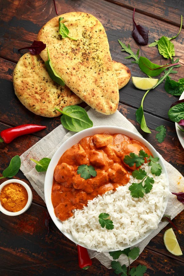 Chicken Tikka Masala Curry with Rice and Naan Bread Stock Photo - Image ...