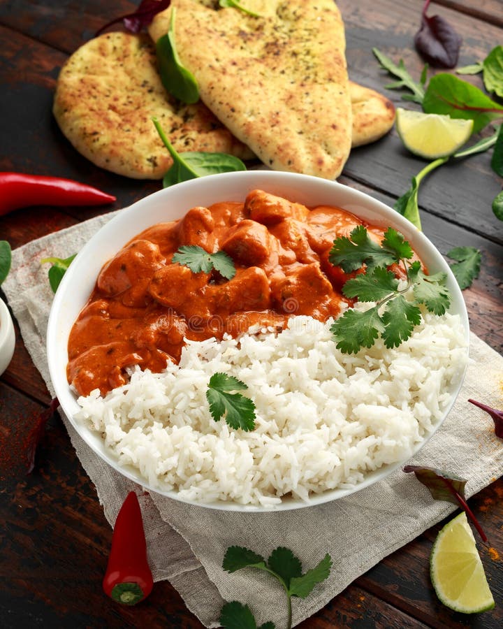 Chicken Tikka Masala Curry with Rice and Naan Bread Stock Photo - Image ...