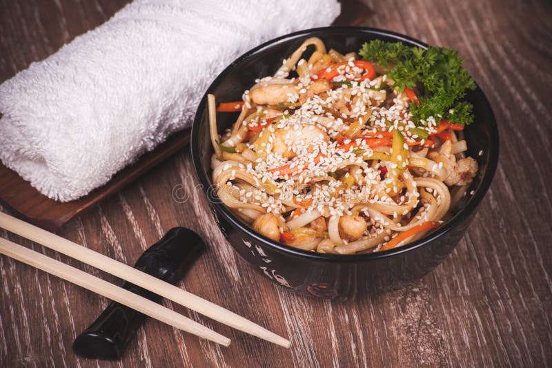 Chicken Udon Noodles in Bowl Stock Photo - Image of vegetable, bowl ...