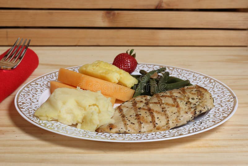 Chicken and Vegetable Dinner with Fruit at Wedding Stock Image - Image ...