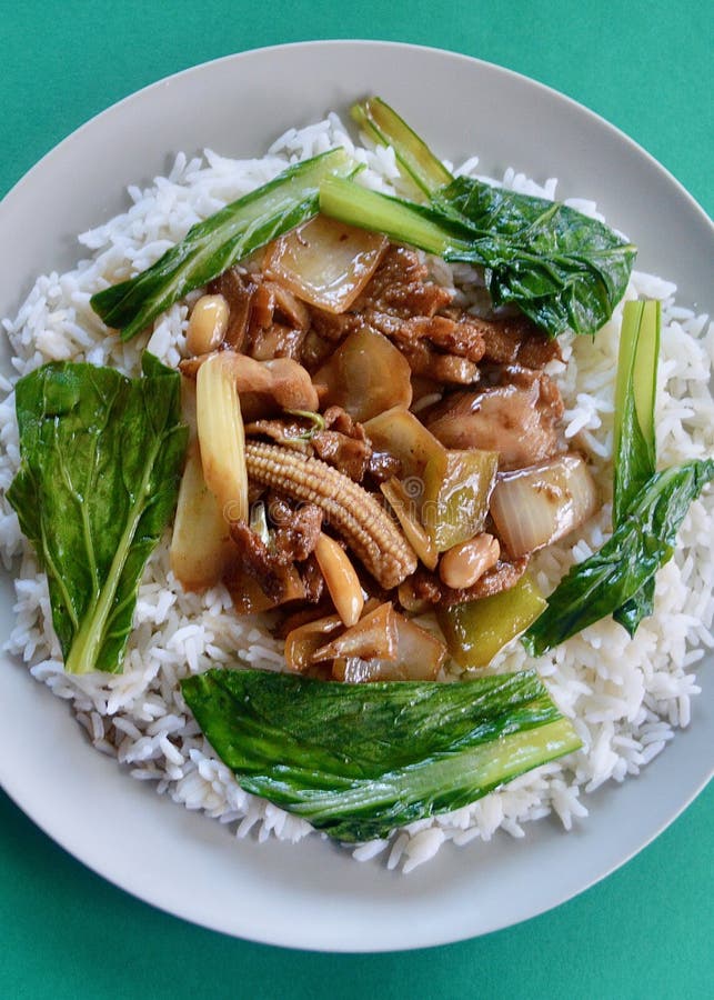 Chinese Style Chicken Vegetables, and Rice in a Plate. Stock Photo ...