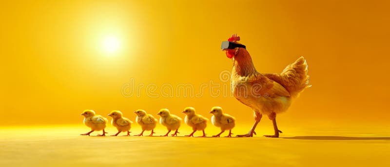 A Chicken with VR Glasses Walking with the Chicks in a Row Stock ...