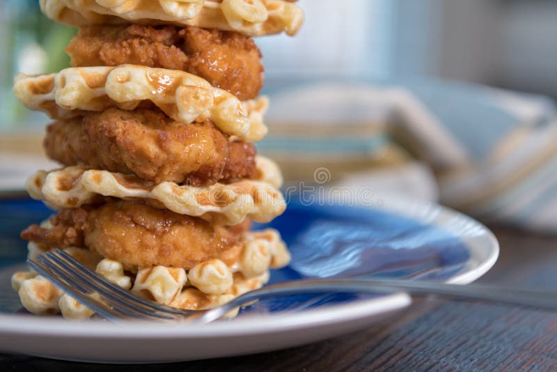 Chicken and Waffle Tower with Copy Space Right Stock Image - Image of ...