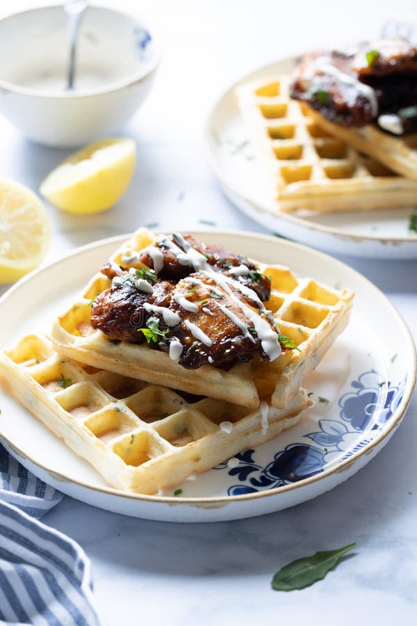 Chicken and waffles stock image. Image of lemon, details - 260796137