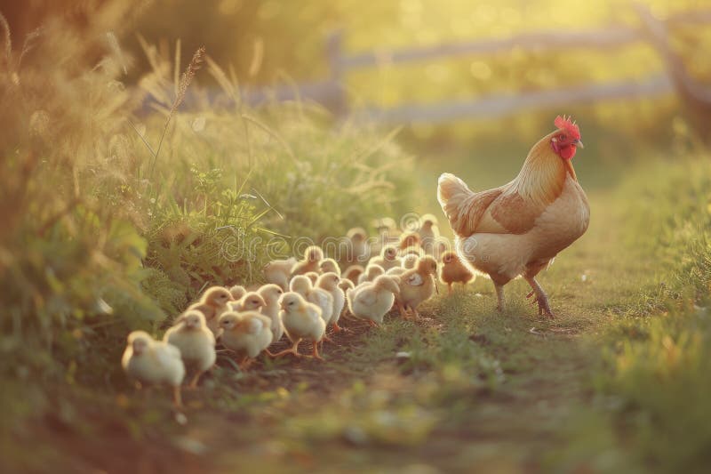 A Chicken is Walking Down a Field Full of Baby Chickens. Generative Ai ...