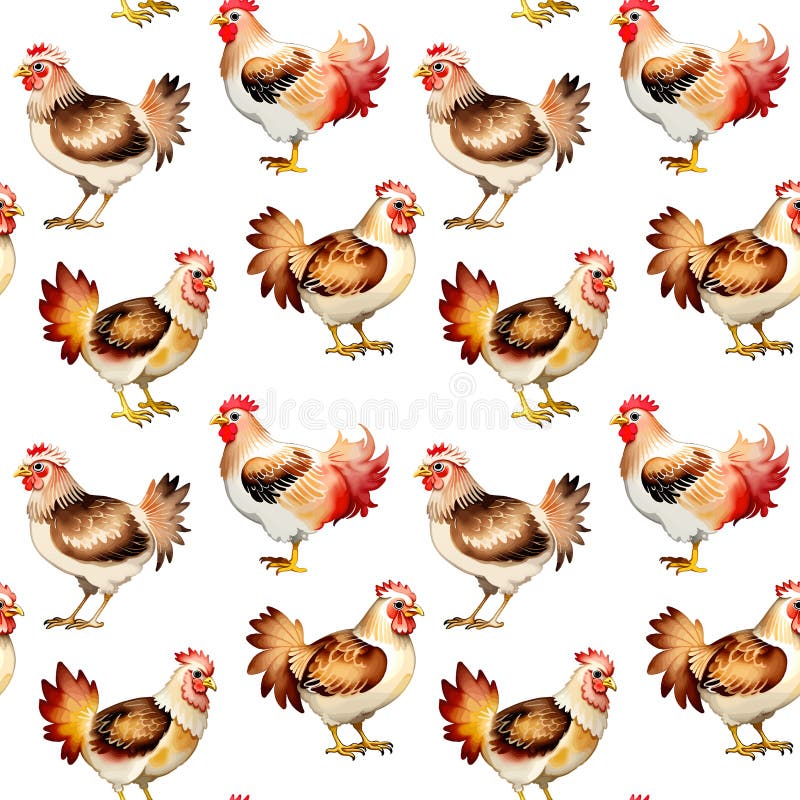 Chicken Watercolor in Seamless Pattern. Stock Vector - Illustration of ...