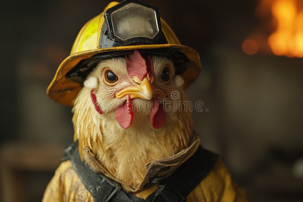Chicken Wearing Firefighter Uniform and Helmet Posing in Front of Fire ...