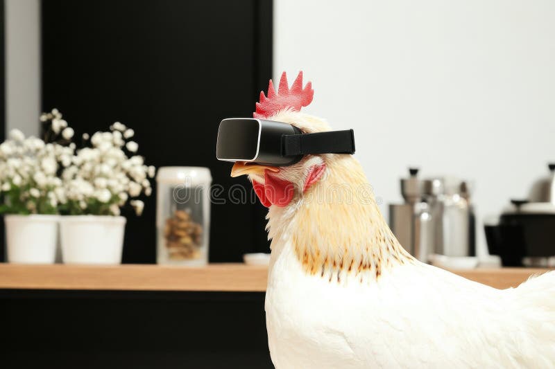 Chicken Wearing Virtual Reality Headset in Modern Kitchen Setting Stock ...