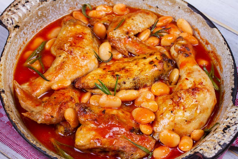 Chicken with White Beans and Rosemary in Pan. Stock Image - Image of ...