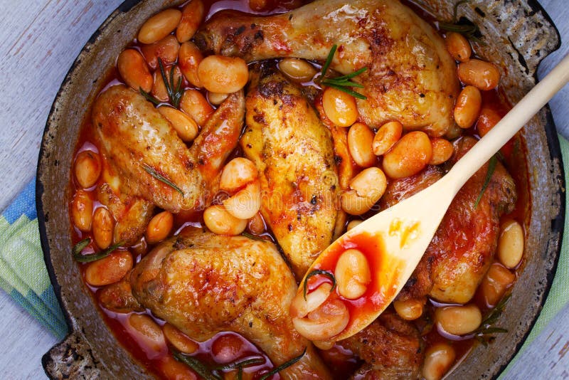 Chicken with White Beans and Rosemary in Pan. View from Above, Top ...