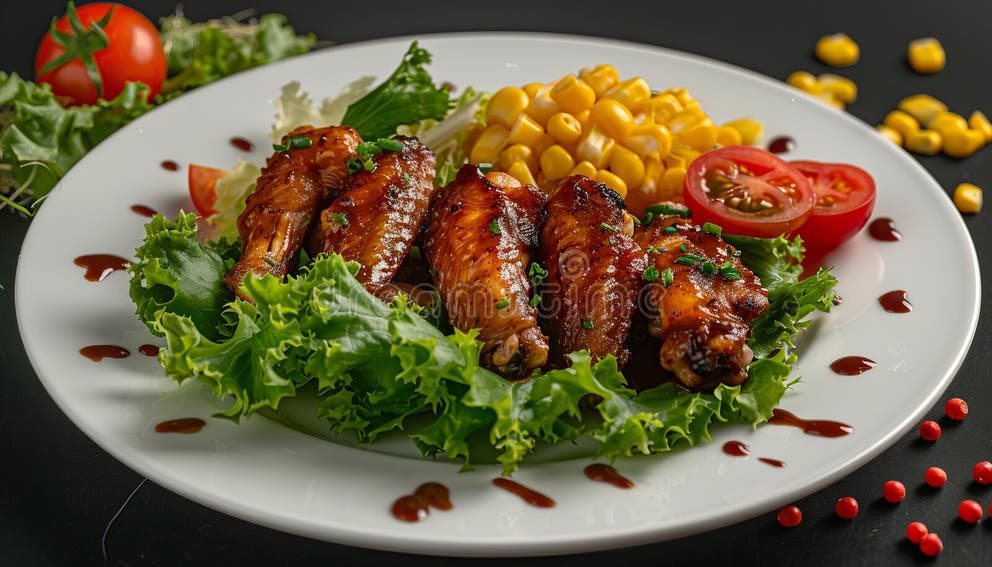 Chicken Wing with Lettuce, Corn and Tomatoes on a White Plate. Chicken ...