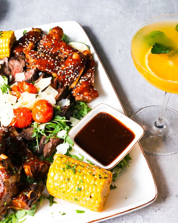 Chicken Wings, Meat, Corn with Tomato Ketchup Stock Image - Image of ...