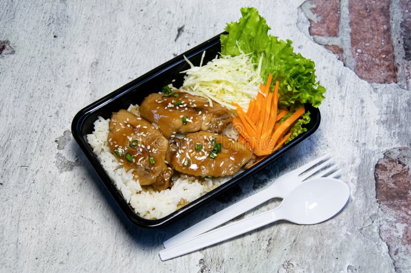 Chicken Wings with Teriyaki Sauce Served Over Rice Stock Image - Image ...