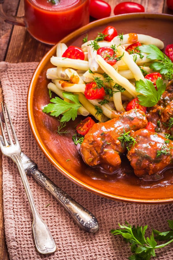 Chicken Wings Tomato Sauce Green Beans Rice Stock Image - Image of ...