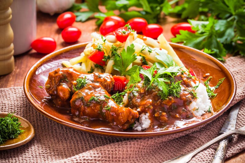 Chicken Wings Tomato Sauce Green Beans Rice Stock Image - Image of ...