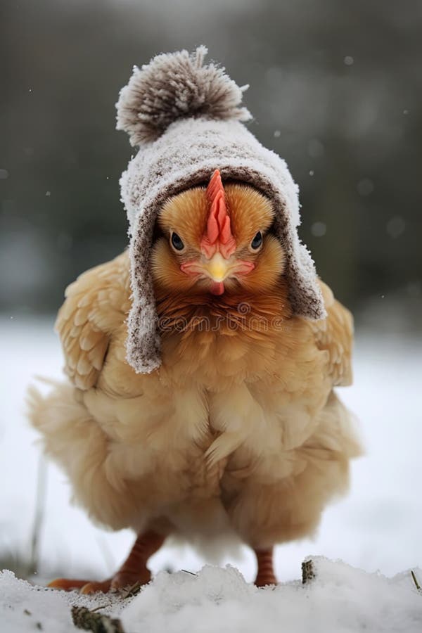 Chicken in the Winter with Thick Wool Hat. Seasons Greetings Stock ...