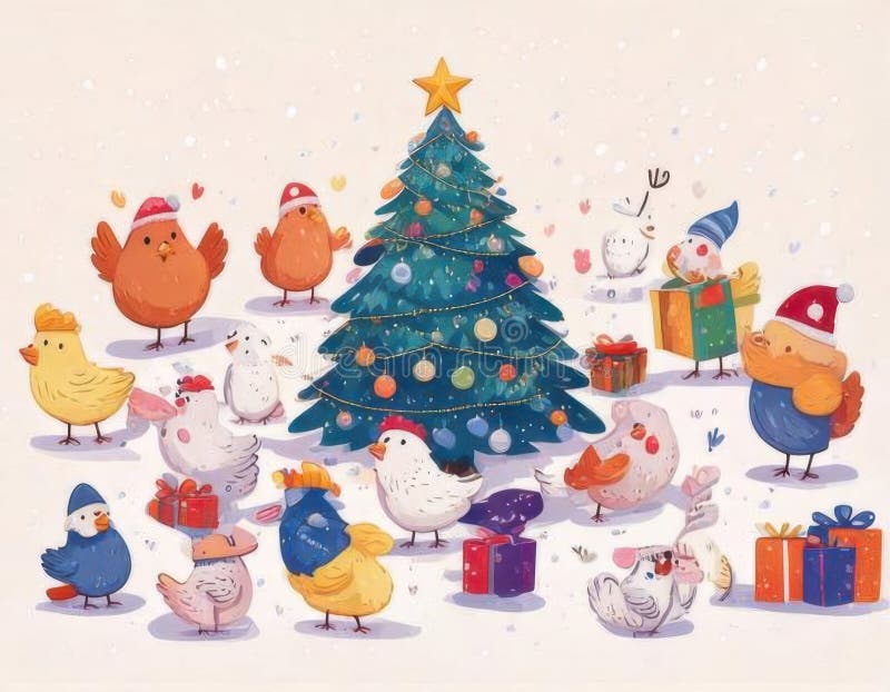 Chickens in a Christmas Scene at 12-11-2024 Stock Illustration ...