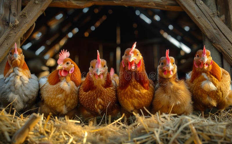 Chickens in a Coop. a Group of Chickens Stand in a Coop, Looking Out ...