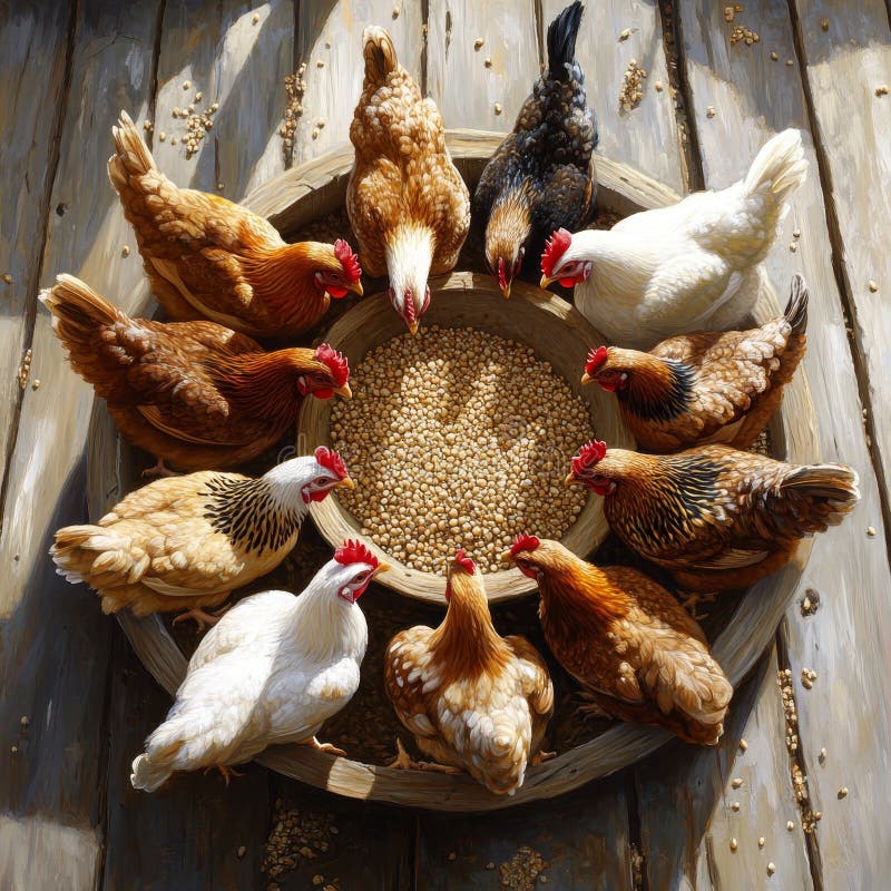 Chickens of Diverse Breeds and Colors Feasting on Mixed Grains from a ...