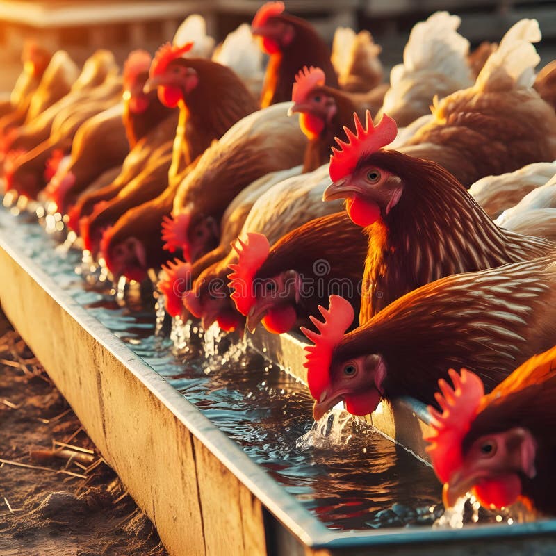 Chickens Drink from a Trough in a Row, with Sunlight Casting Shadows ...