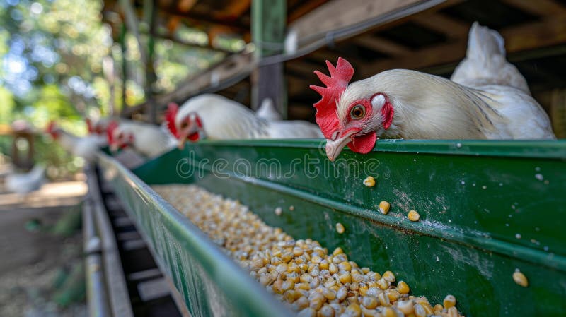 Chickens Eating Grain Feed in Farm Enclosure Close-Up of Poultry ...