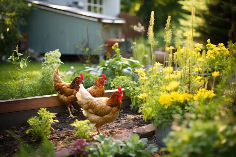 Chickens Enjoying a Vegetable Garden in a Backyard Setting Stock ...