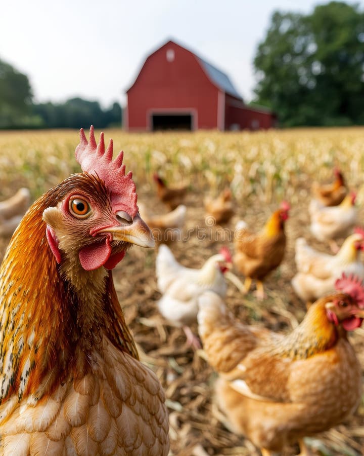 Chickens in a Farm Field with Red Barn Stock Illustration ...