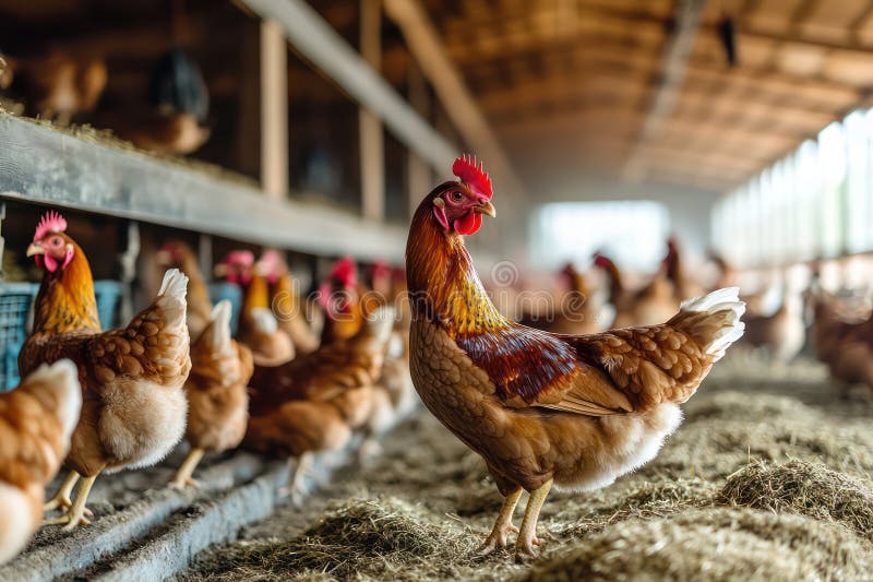 Chickens Feeding on Hay Inside Dairy Barn Stock Photo - Image of fowl ...