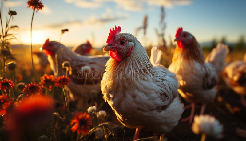 Chickens Graze in Meadow, Nature Beauty Looking Back Generated by AI ...