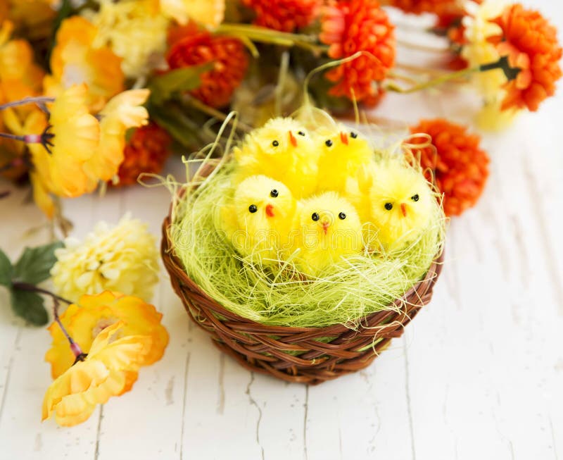 Easter Chick & Spring Flowers Stock Image - Image of decoration, yellow ...