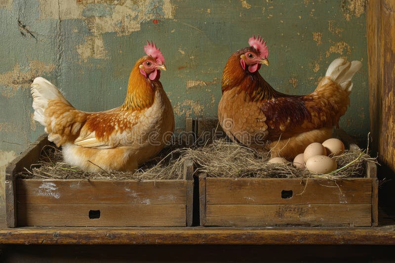 Chickens Nesting and Laying Eggs in Wooden Boxes in a Barn during ...
