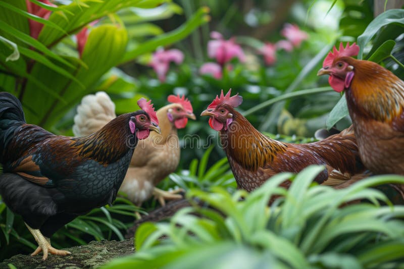 Chickens Pecking Around a Lush Tropical Garden Stock Photo - Image of ...