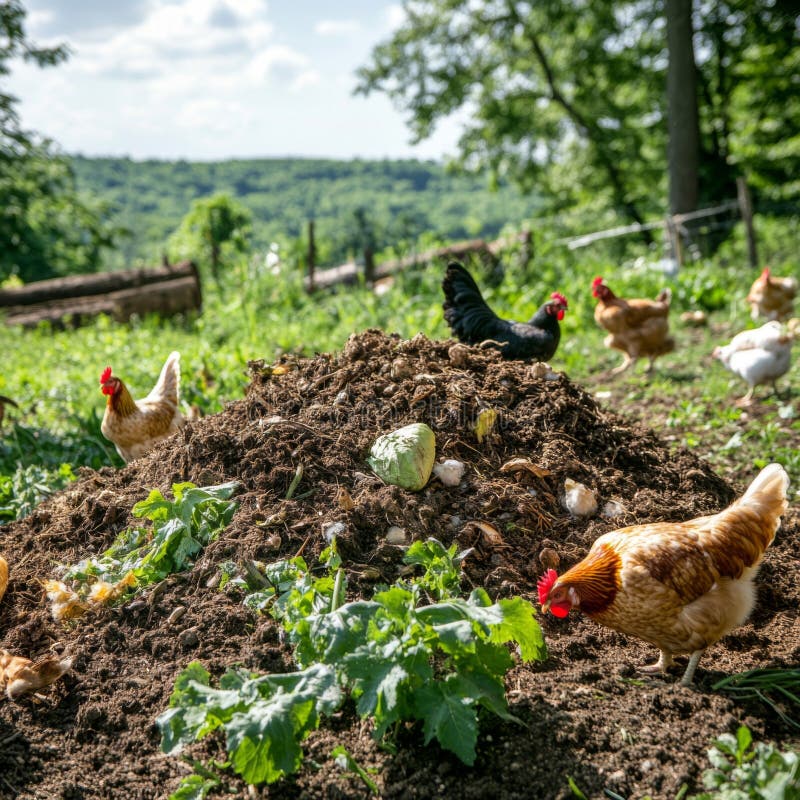 Chickens Pecking at Compost Pile in a Rural Setting Stock Illustration ...