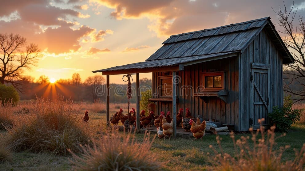 Chickens Roaming Around Rustic Coop at Sunset in Rural Landscape Stock ...
